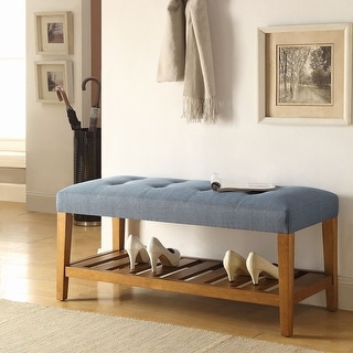 Light Blue and Oak Tufted Padded Seat Bench - Bed Bath & Beyond - 43149053