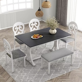 6-Piece Table Set,with Round Upholstered Dining Chairs and Bench - 59.8 ...