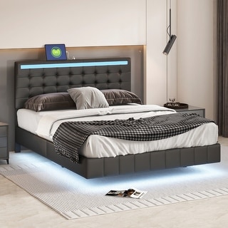 Full/Queen Floating Bed Frame with LED Lights & USB Charging ...