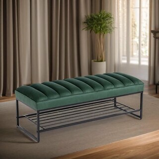 Green Velvet Channel Tufted Ottoman Bench with Storage Shelf - Bed Bath ...
