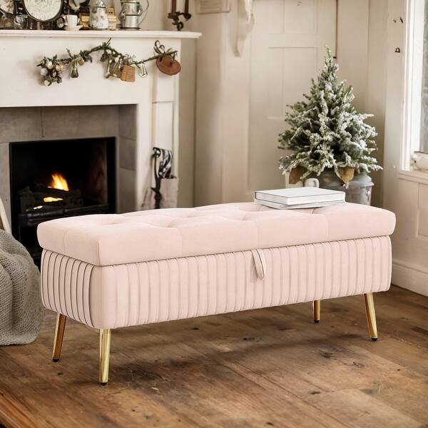 44 5 Inch Button Tufted Ottoman With Safety Close Hinge Upholstered