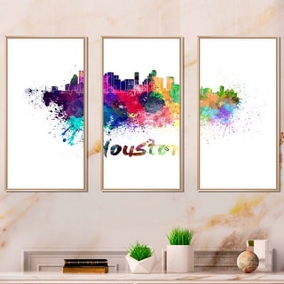 Designart "Houston Skyline" Cityscape Framed Art Set of 3 - 4 Colors of ...