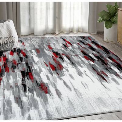 Abani Porto Contemporary Grey and Red Abstract Area Rug - Overstock ...