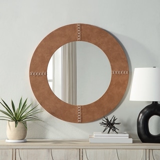 Azalea Park 31.75" Tan Faux Leather Round Wall Mirror - Bed Bath ...