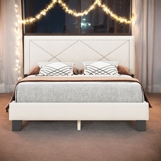Simple Queen Size Upholstered Bed Frame with Rivet Design, Modern ...