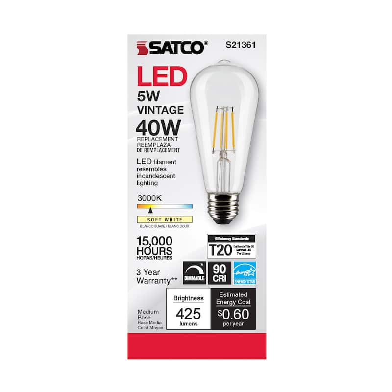 5 Watt ST19 LED - Clear - Medium base - 90 CRI - 3000K - 120 Volt - Bed ...