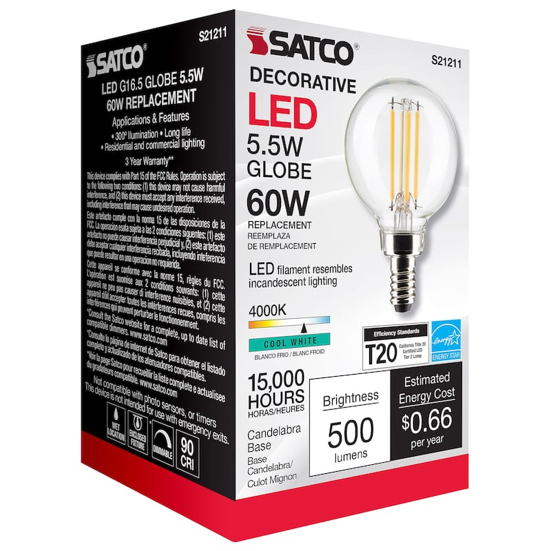 5.5 Watt G16.5 LED - Clear - Candelabra base - 90 CRI - 4000K - 120 ...