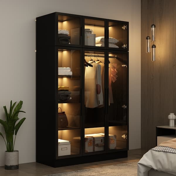 Glass Door Wardrobe Armoire Storage Closet with Light Display Cabinet ...