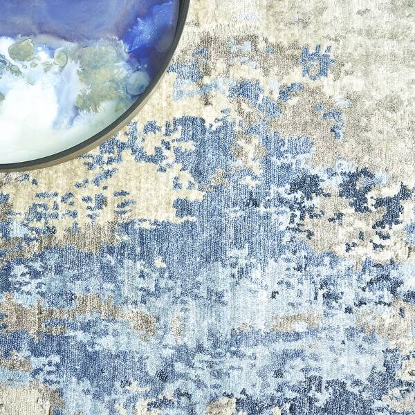 EXQUISITE RUGS Cosmo Hand-knotted Wool/Bamboo Silk Silver/Blue/Ivory ...