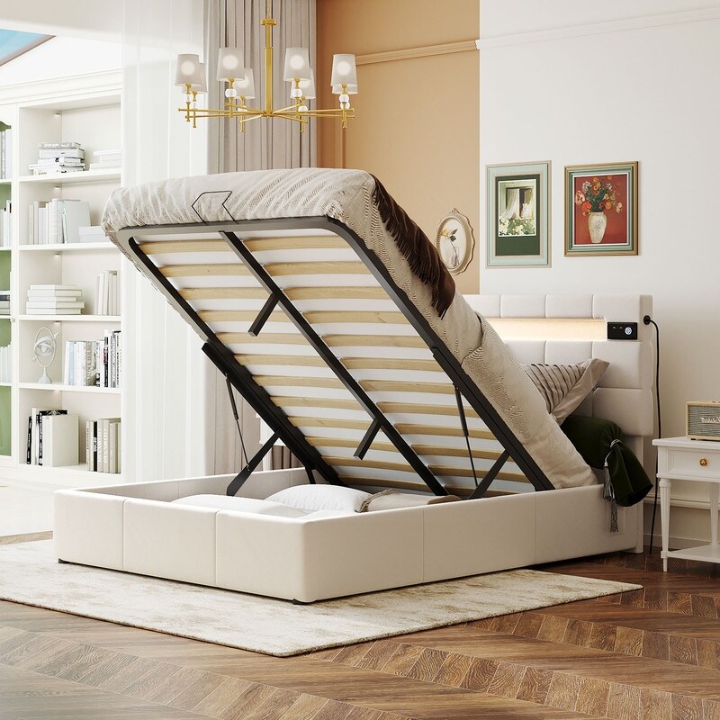 Modern Upholstered Platform Bed with LED Light Integrated Bluetooth Audio System and Hydraulic Storage System Bed Bath Beyond 39168166