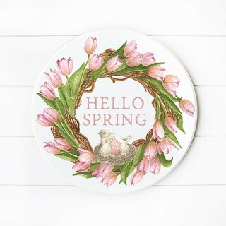 Hello Spring Pink Tulip Wreath Round Wood Sign 12" Round - Bed Bath ...