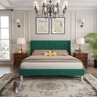 Green Bed Frame with Upholstered Headboard and Wooden Slats Support ...