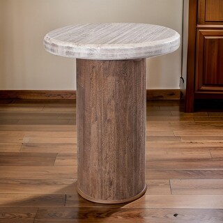 Kohl 26 Inch Side End Table, Brown Mango Wood, Drum Base, Cream Floated ...