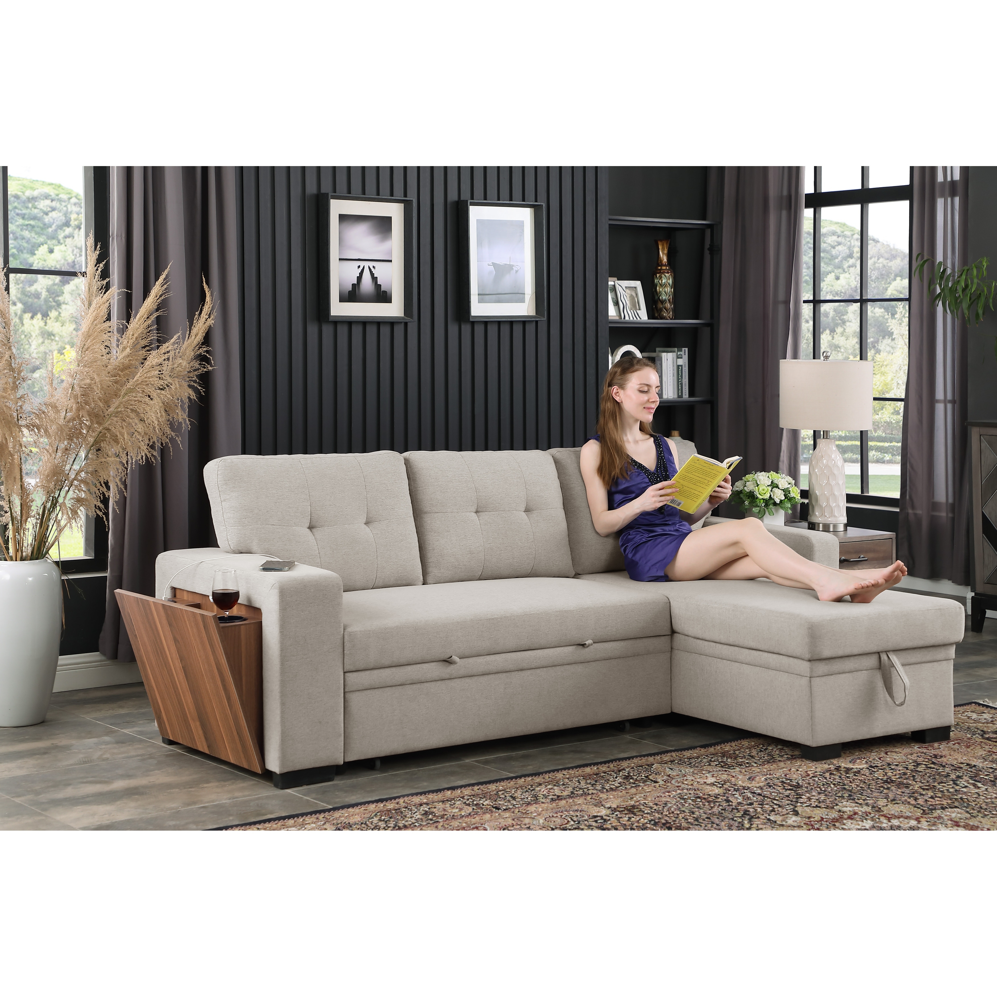 3 - Piece Upholstered Pull-out Sectional Sofa L Shape Modular Sofa ...