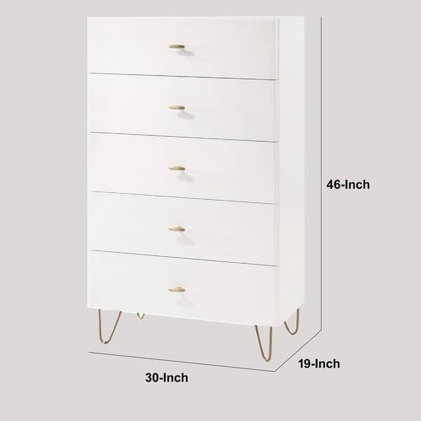 Cid 46 Inch Modern Tall Dresser, 5 Drawers, Gold Handles, Legs, White ...