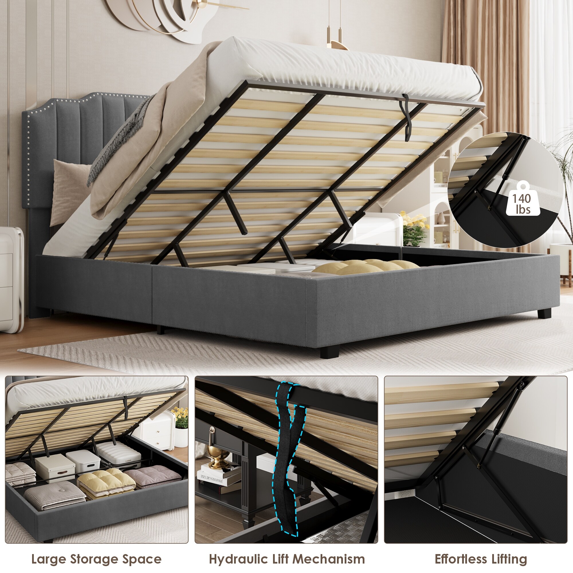 Lift Up Storage Bed Queen Upholstered Bed Frame Gas Lift Up Storage Bed with Wingback Headboard No Box Spring Needed Bed Bath Beyond 41072327