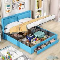 Side Lift Up Storage Bed Full Size Wood Hydraulic Low-Profile Platform ...
