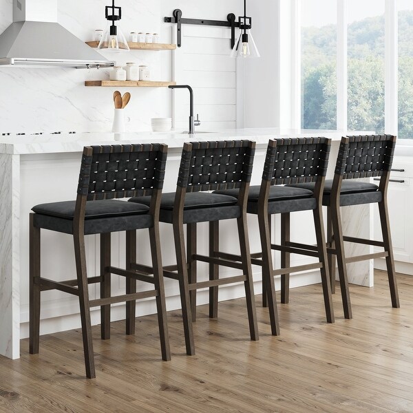 Nathan James Cohen Faux Leather Counter or Bar Height Stool Solid Wood Frame with Footrest and Woven Leather Back On Sale Bed Bath Beyond 37454454