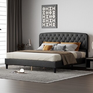 DARK GREY King Size Upholstery Bed with Adjustable Headboard and Button ...