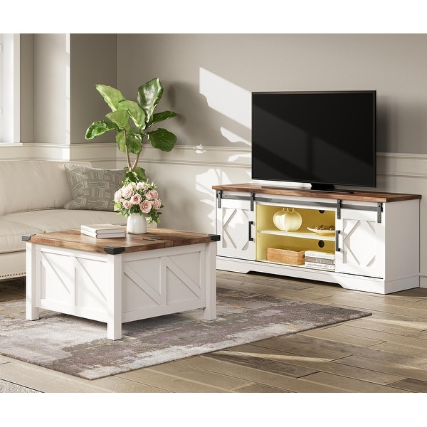 WAMPAT Farmhouse Sliding Barn Door TV Stand and Coffee Table Set of 2 On Sale Bed Bath Beyond 36264864