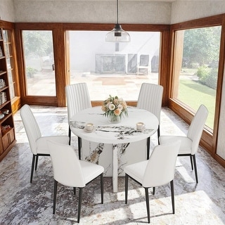 7-Piece Round Dining Table Set, Modern Round Table and 6 Upholstered ...