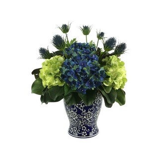Assorted Hydrangea and Thistle Arrangement in a Decorative Ceramic Vase ...