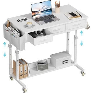 40 Inch White Portable Rolling Computer Desk with 3 Fabric Drawers ...