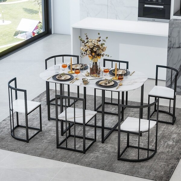 Mid Century 7 Piece Dining Table Set for 6 People Kitchen Dining Room Table Set with Faux Marble Dining Table and 6 Chairs Bed Bath Beyond 38073671
