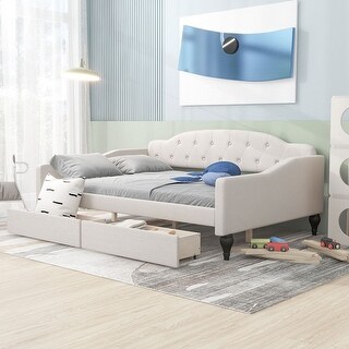 Full Size Upholstered Tufted Day Bed, Wooden Kids Day Bed Frame with 2 ...