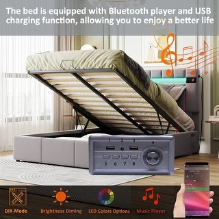Gray Velvet Full Upholstered Bed with LED Lights, Bluetooth, USB - Bed ...