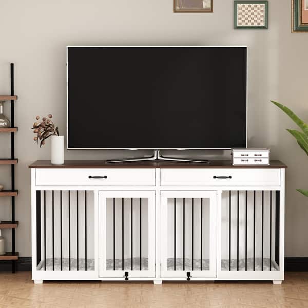 Large Wooden Multi-Purpose Dog Crate Kennel Furniture with 2 Drawers ...