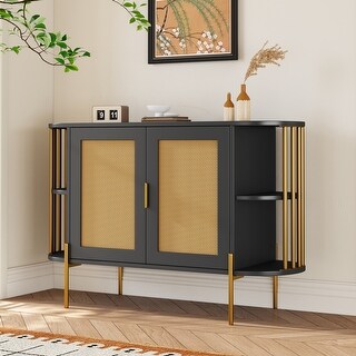 Elegant Design Curved Storage Cabinet with Gold Trim and 2 Woven Rattan ...