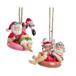 Beach Santa on Flamingo and Reindeer Floats Christmas Holiday Ornaments ...
