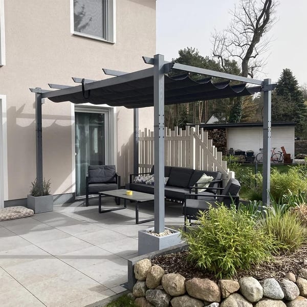 PURPLE LEAF Outdoor Retractable Aluminum Pergola Grey Wood Grain Frame ...