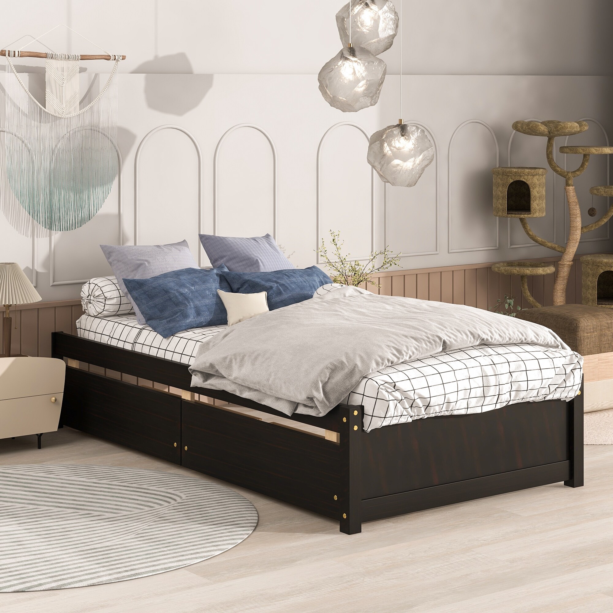Twin Bed with 2 Drawers Solid Wood Construction No Box Spring Needed Stylish Design Easy Assembly
