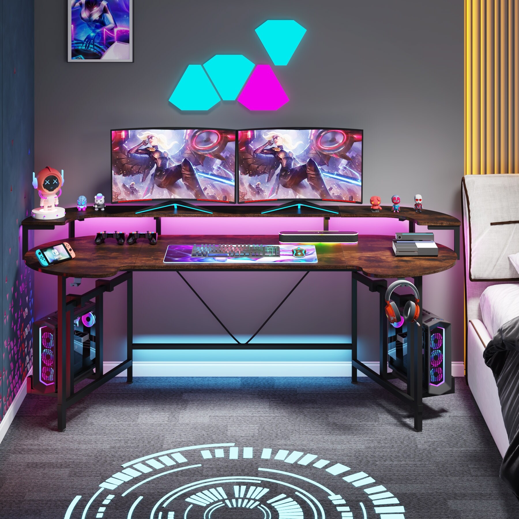 Rose Gaming Desk with Monitor Shelf 75 inch PC Computer Desk with LED Strip Black