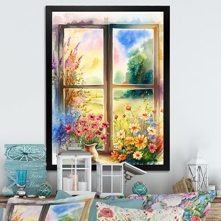 Designart "Summer Sunset Floral Window Iv" Farm Windows Framed Canvas ...