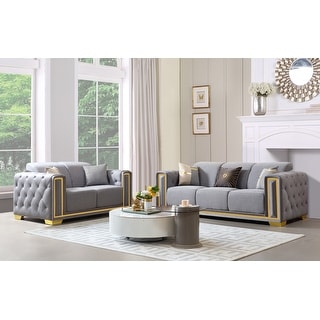2-Piece Fabric Tufted Living Room Set with Sofa and Loveseat, Gray ...