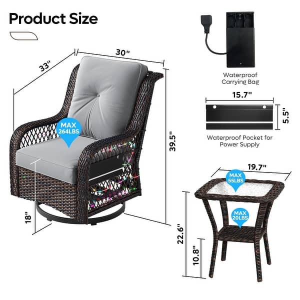 3-Piece LED Lighting Swivel Wicker Rattan Outdoor Rocking Chairs Set ...