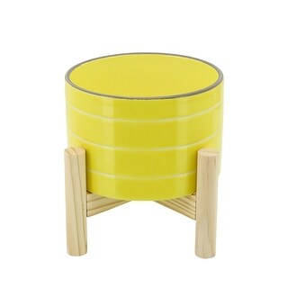 6" Striped Planter with Wood Stand, Yellow 7.0"H - 6.0" x 6.0" x 7.0 ...