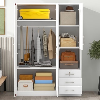 Wooden Storage Wardrobe with Shelves and 3 Drawers and 2 Doors for ...