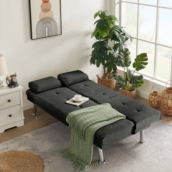 Linen Upholstered Convertible Folding Futon Sofa Bed with Removable ...