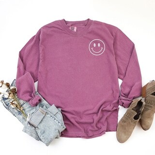 Embroidered Smiley Face Outline Left Chest Garment Dyed Long Sleeve ...