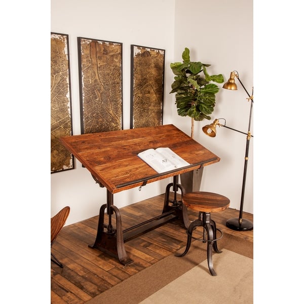 Brown Teak Wood Drafting Style Desk with Tilting Top and Crank Height ...