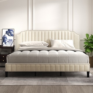 King Size Modern Linen Solid Wood Frame Curved Upholstered Platform Bed ...