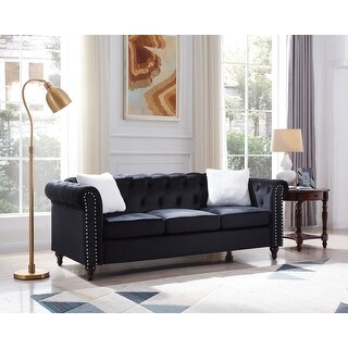 Black Velvet Chesterfield 3-Seater Sofa with Button Tufting and ...