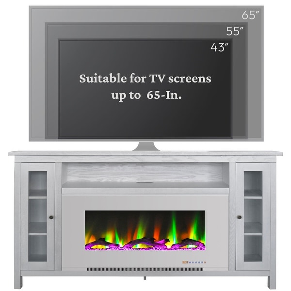Cambridge Somerset 70 In. White Electric Fireplace TV Stand with Multi Color LED Flames Driftwood Log Display and Remote Control