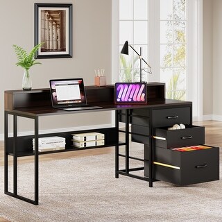 61 Inches Computer Desk with File Drawers, Ergonomic Office Desk with ...