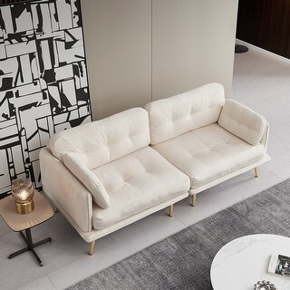 Sponge Cushion Couch Cotton Linen Fabric Upholstered Sofa w/ Pillows ...