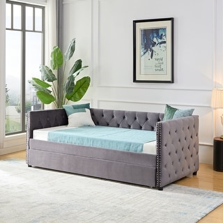 American Style Velvet Upholstered Twin Daybed Square Arms with Button ...